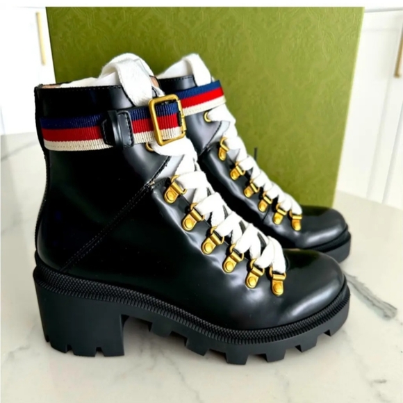 Gucci | Shoes | Gucci Sylvie Web Combat Boots Black Leather | Poshmark